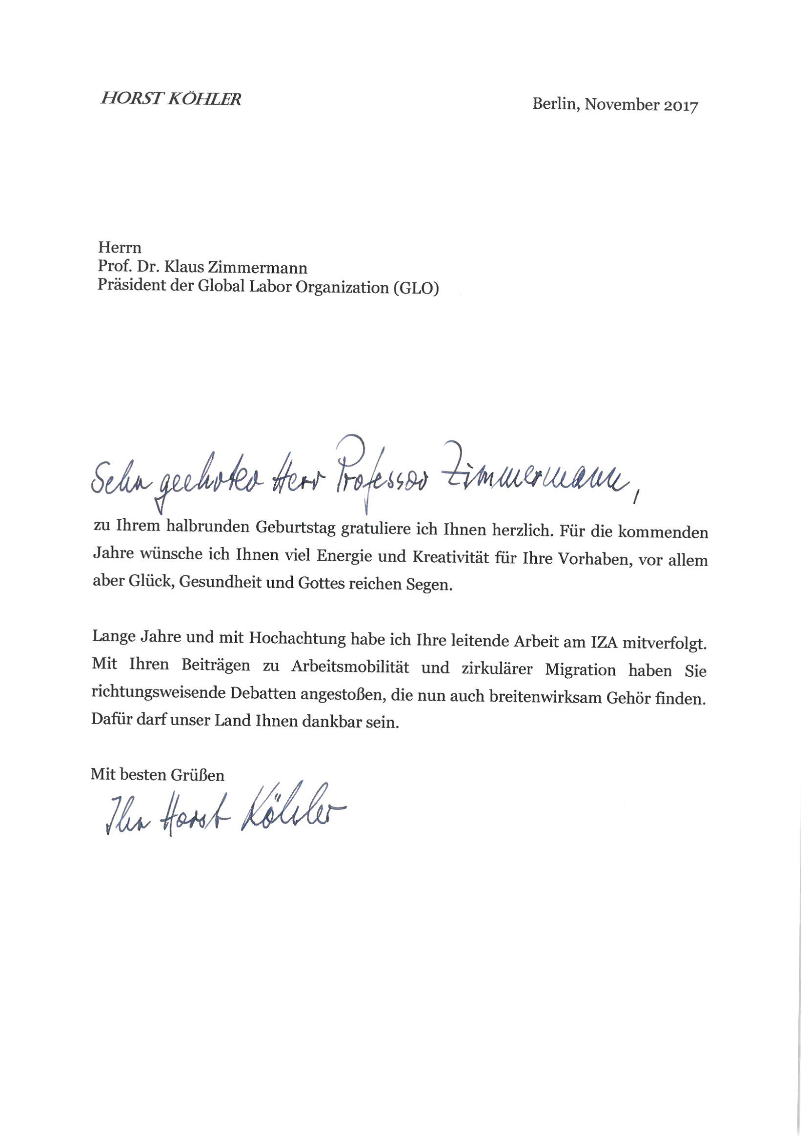 Zimmermann aus Australien in Bonn zurück. Horst Köhler ehrt den GLO ...